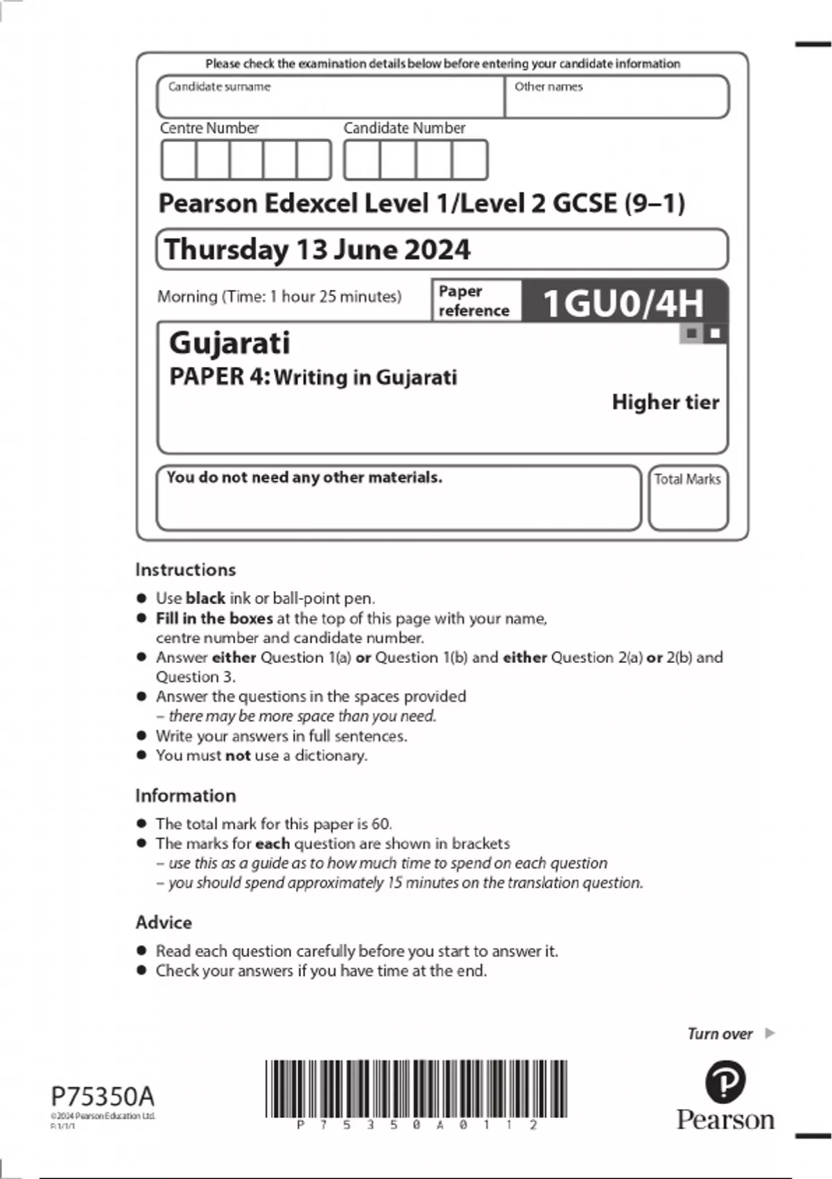 2024 GCSE Pearson Edexcel Level 1/Level 2 GCSE (9–1) Gujarati PAPER 4 ...