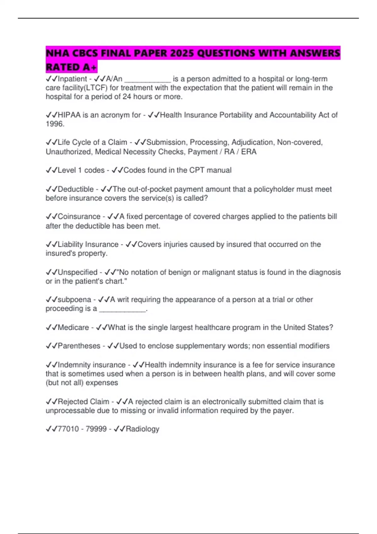 NHA CBCS FINAL PAPER 2025 QUESTIONS WITH ANSWERS RATED A+ - NHA CBCS - Stuvia US