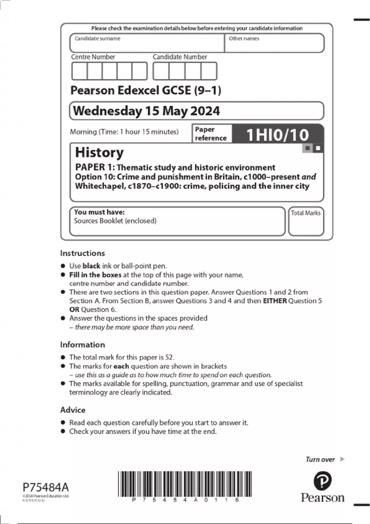 2024 GCSE Pearson Edexcel GCSE (9–1) History PAPER 1: Thematic study ...