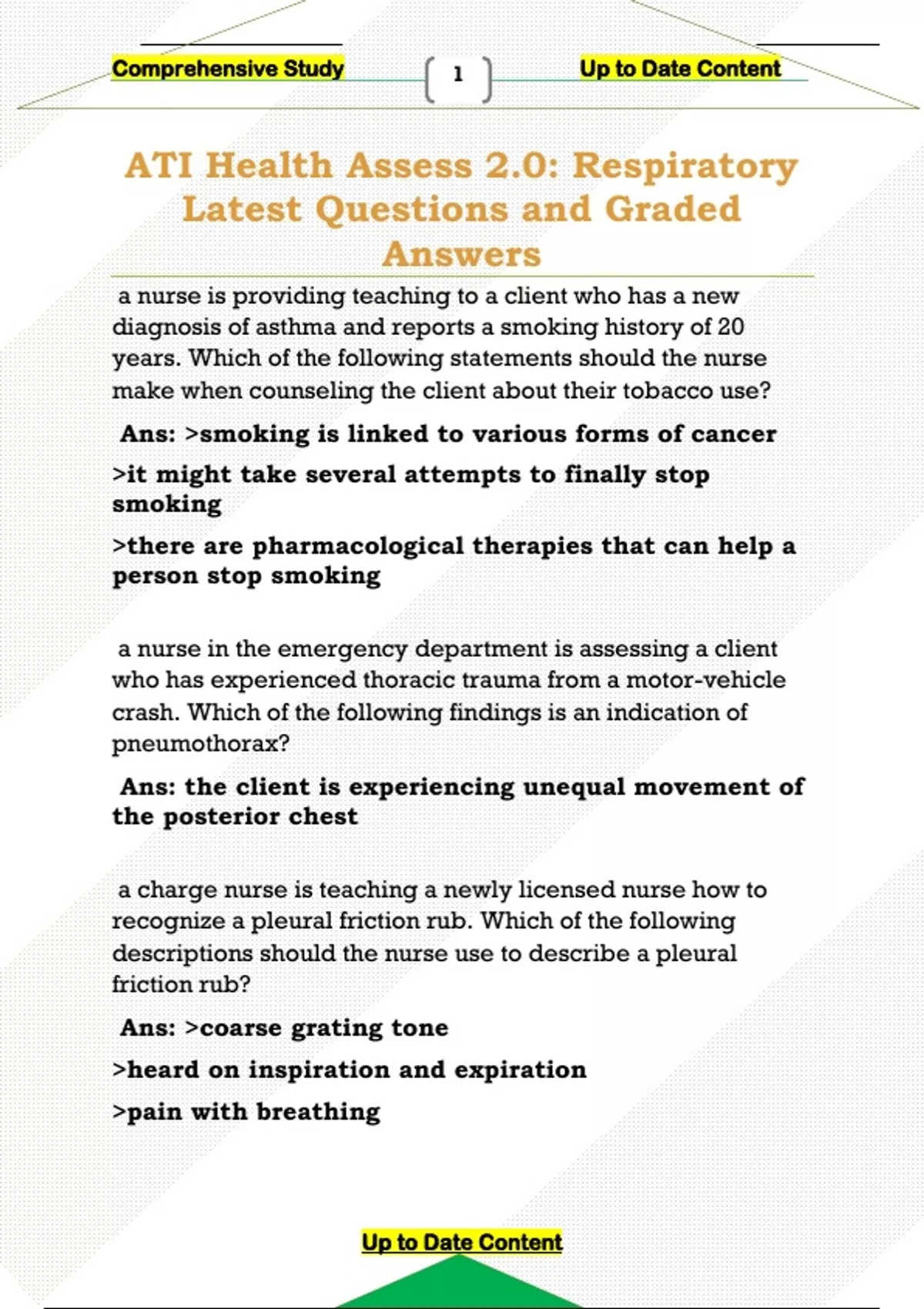 ATI Health Assess 2.0: Respiratory Latest Questions and Graded Answers ...