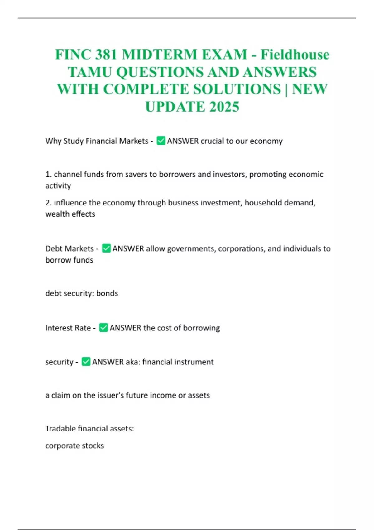 FINC 381 MIDTERM EXAM - Fieldhouse TAMU QUESTIONS AND ANSWERS WITH ...