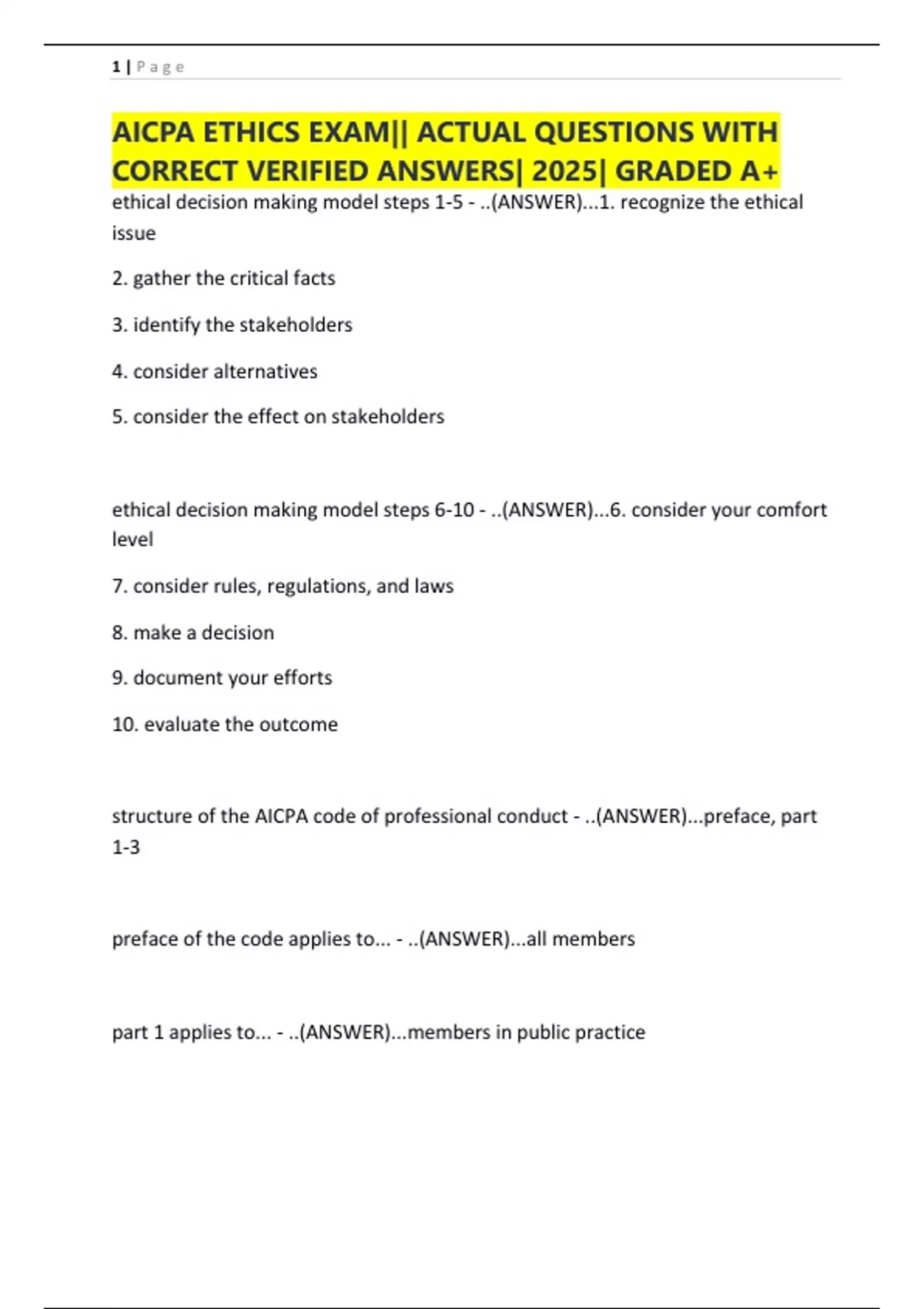 AICPA ETHICS EXAM|| ACTUAL QUESTIONS WITH CORRECT VERIFIED ANSWERS ...