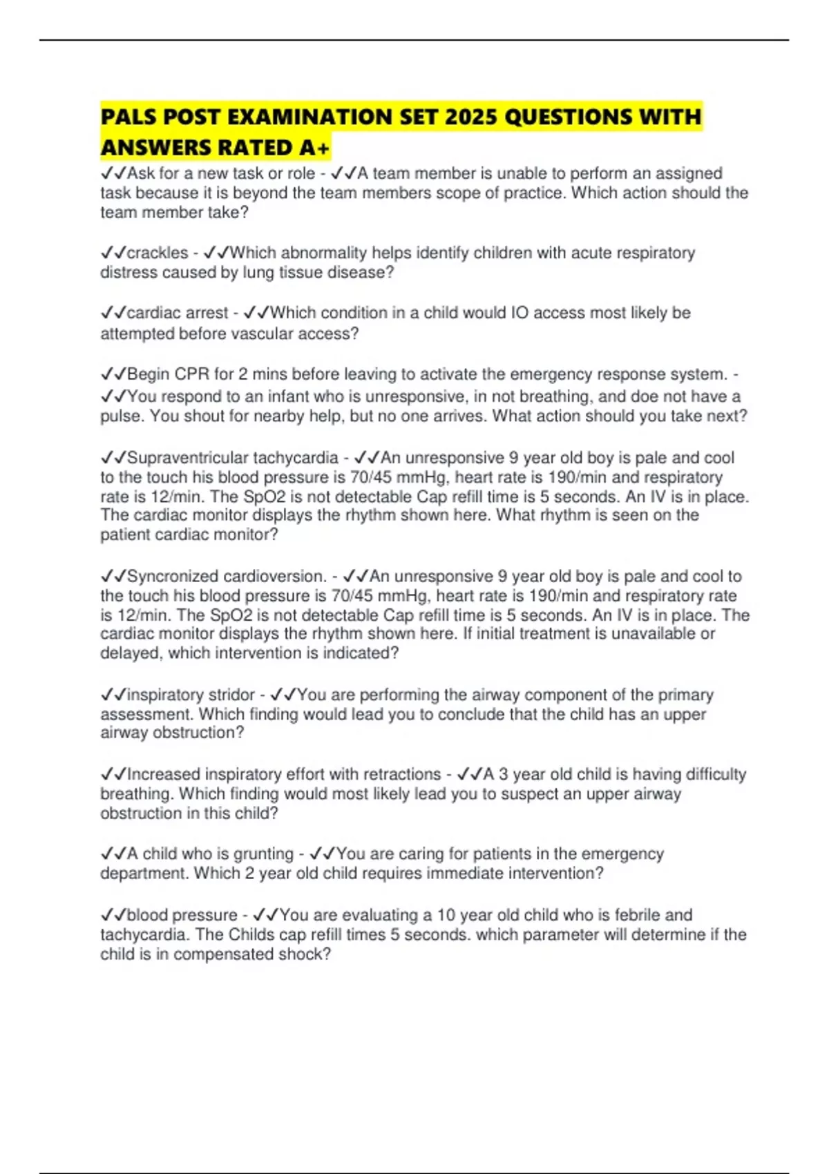 PALS POST EXAMINATION SET 2025 QUESTIONS WITH ANSWERS RATED A+ - Pals ...