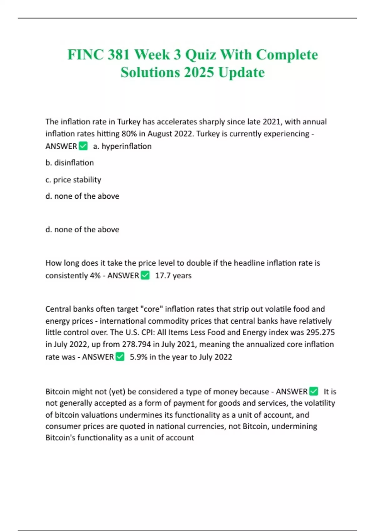 FINC 381 Week 3 Quiz With Complete Solutions 2025 Update - FINC 381 - Stuvia US