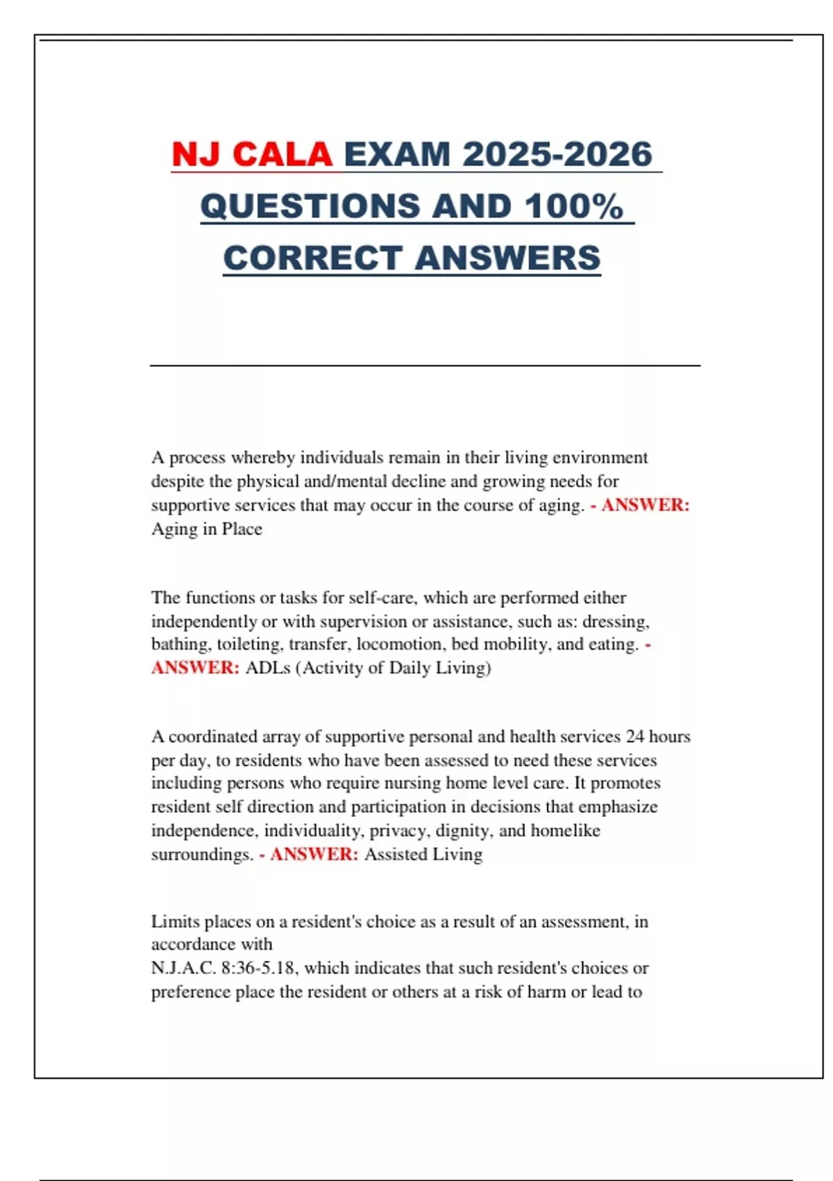 NJ CALA Exam – Complete Questions and Verified Answers - NJ CALA ...