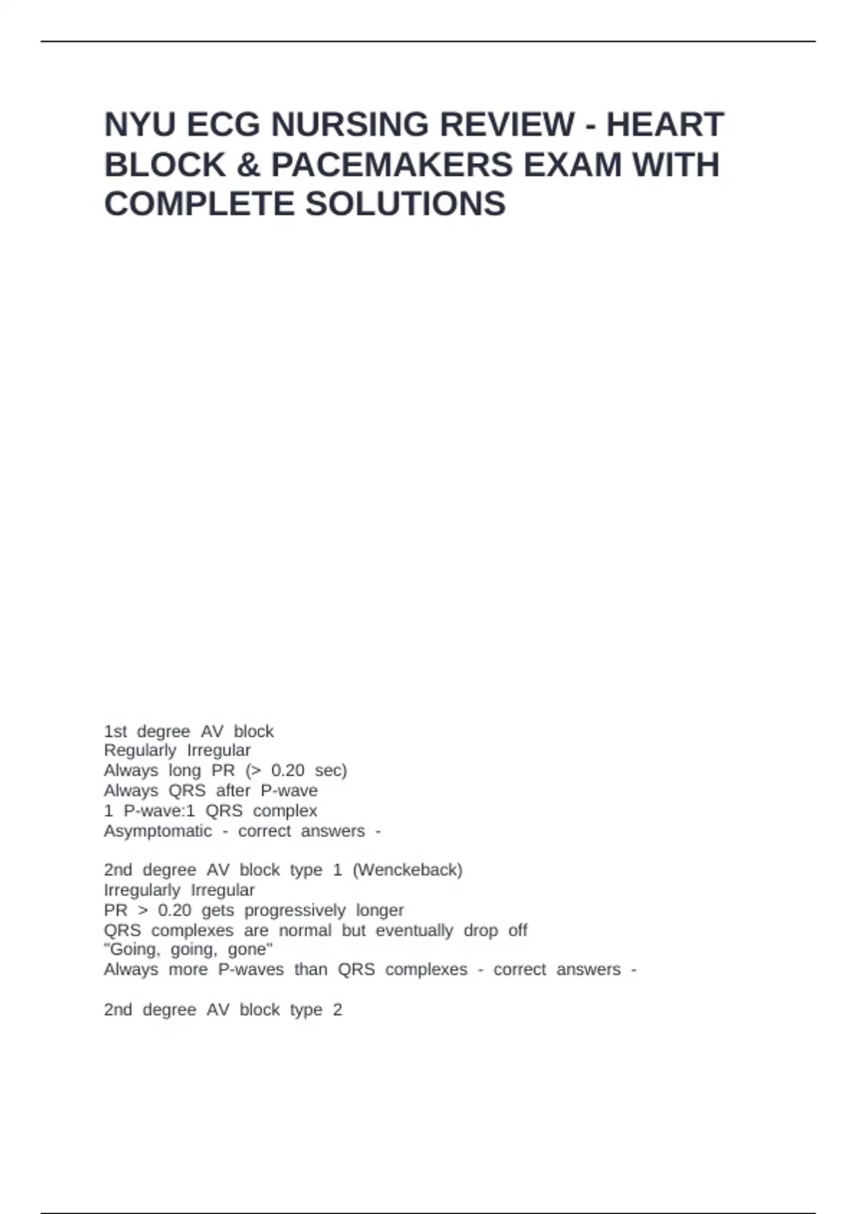 NYU ECG Nursing Review - Heart Block & Pacemakers - NYU ECG - Stuvia US