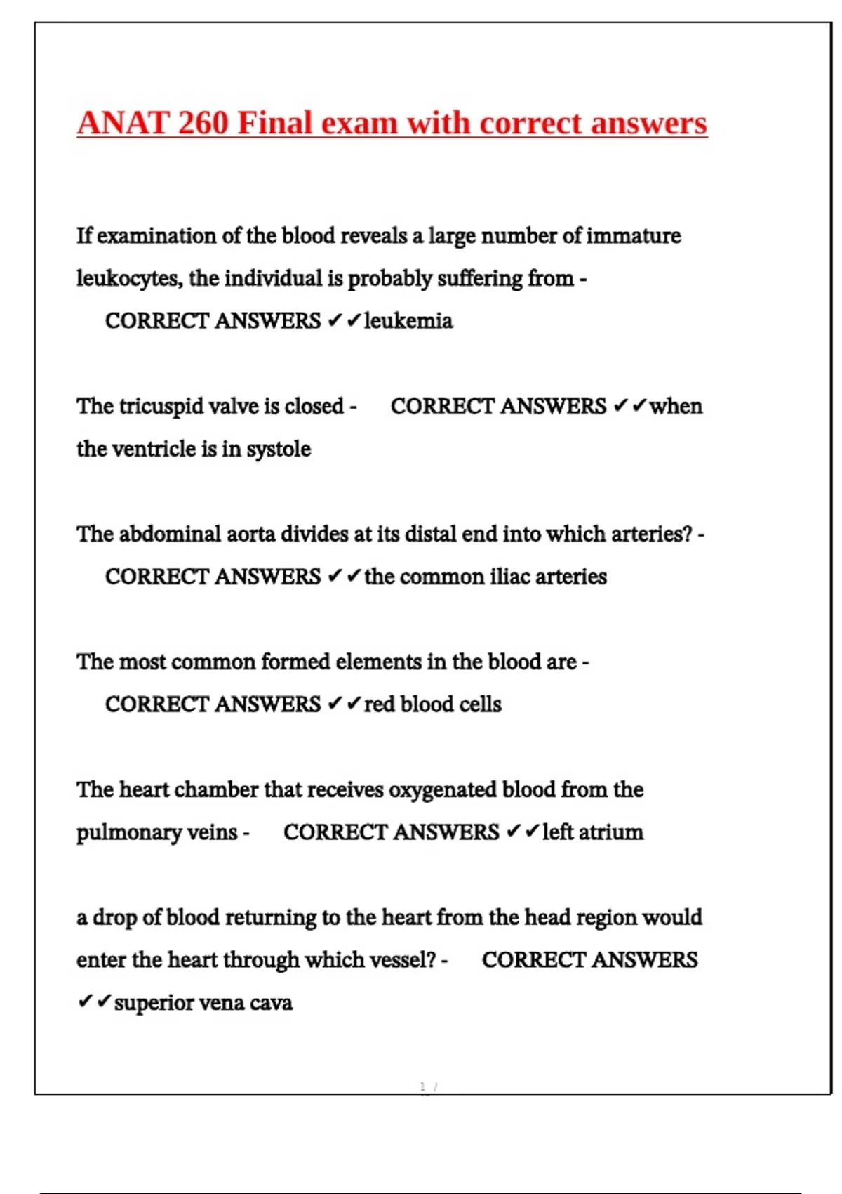 ANAT 260 Final exam with correct answers - Anatomy 260 - Stuvia US