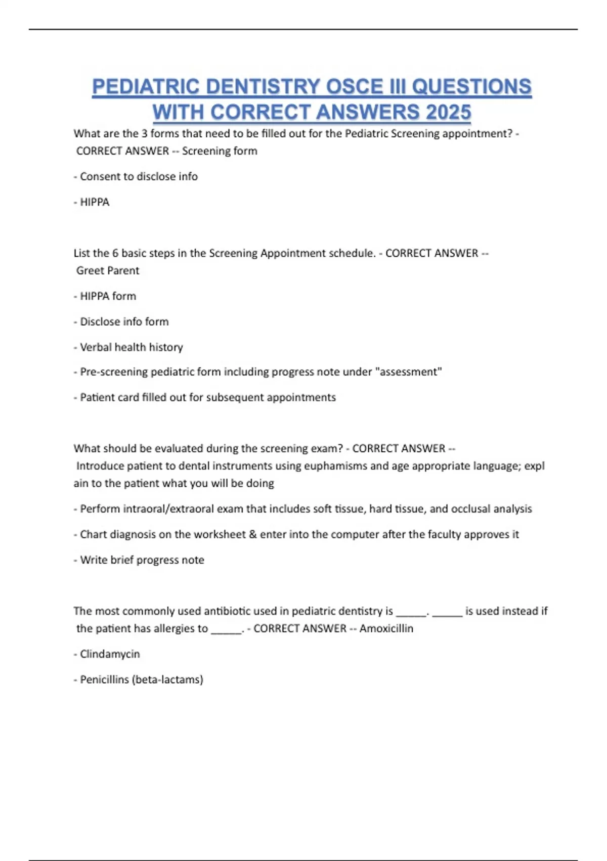 PEDIATRIC DENTISTRY OSCE III QUESTIONS WITH CORRECT ANSWERS 2025 - OSCE ...