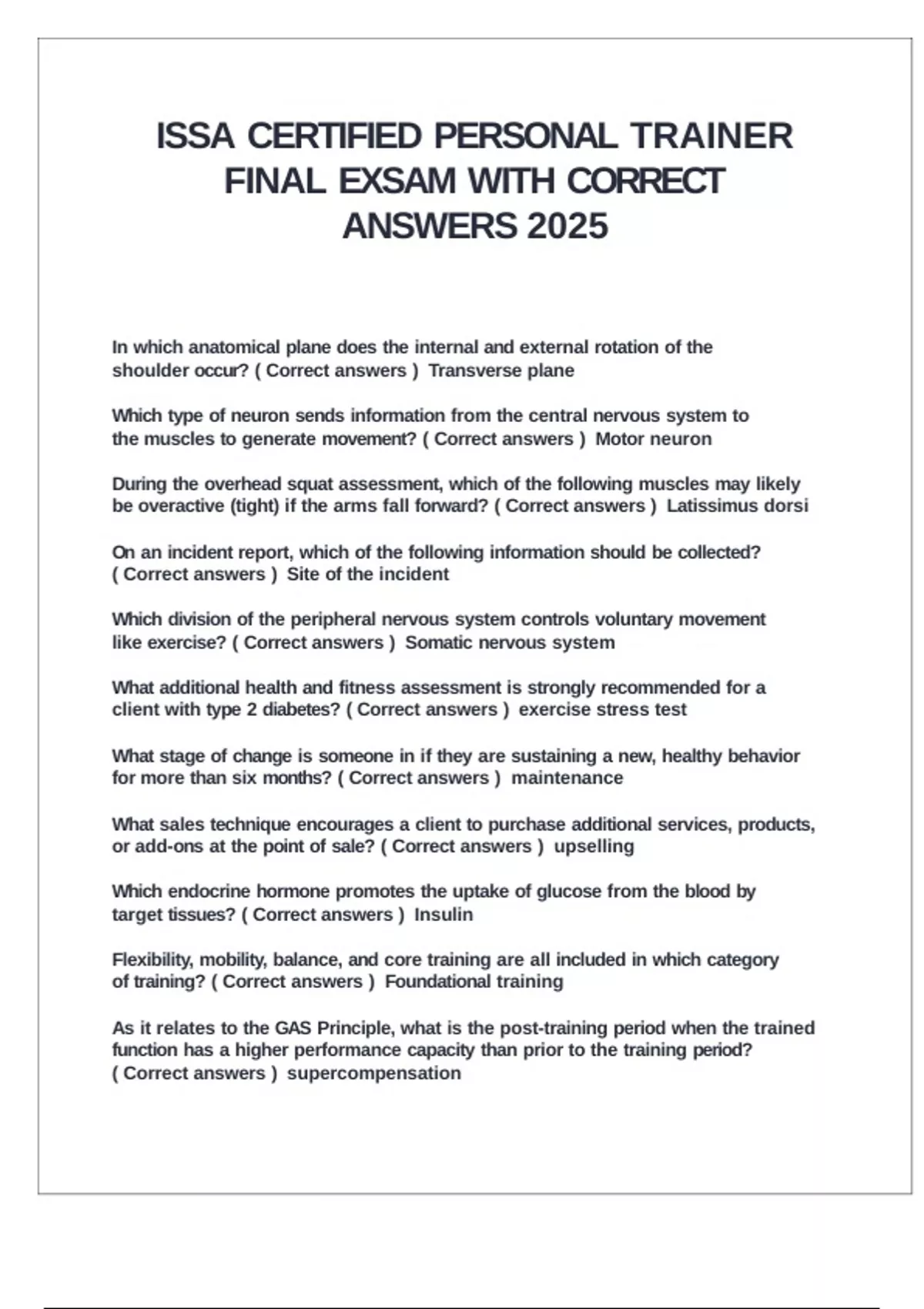 ISSA CERTIFIED PERSONAL TRAINER FINAL EXSAM WITH CORRECT ANSWERS 2025 ...