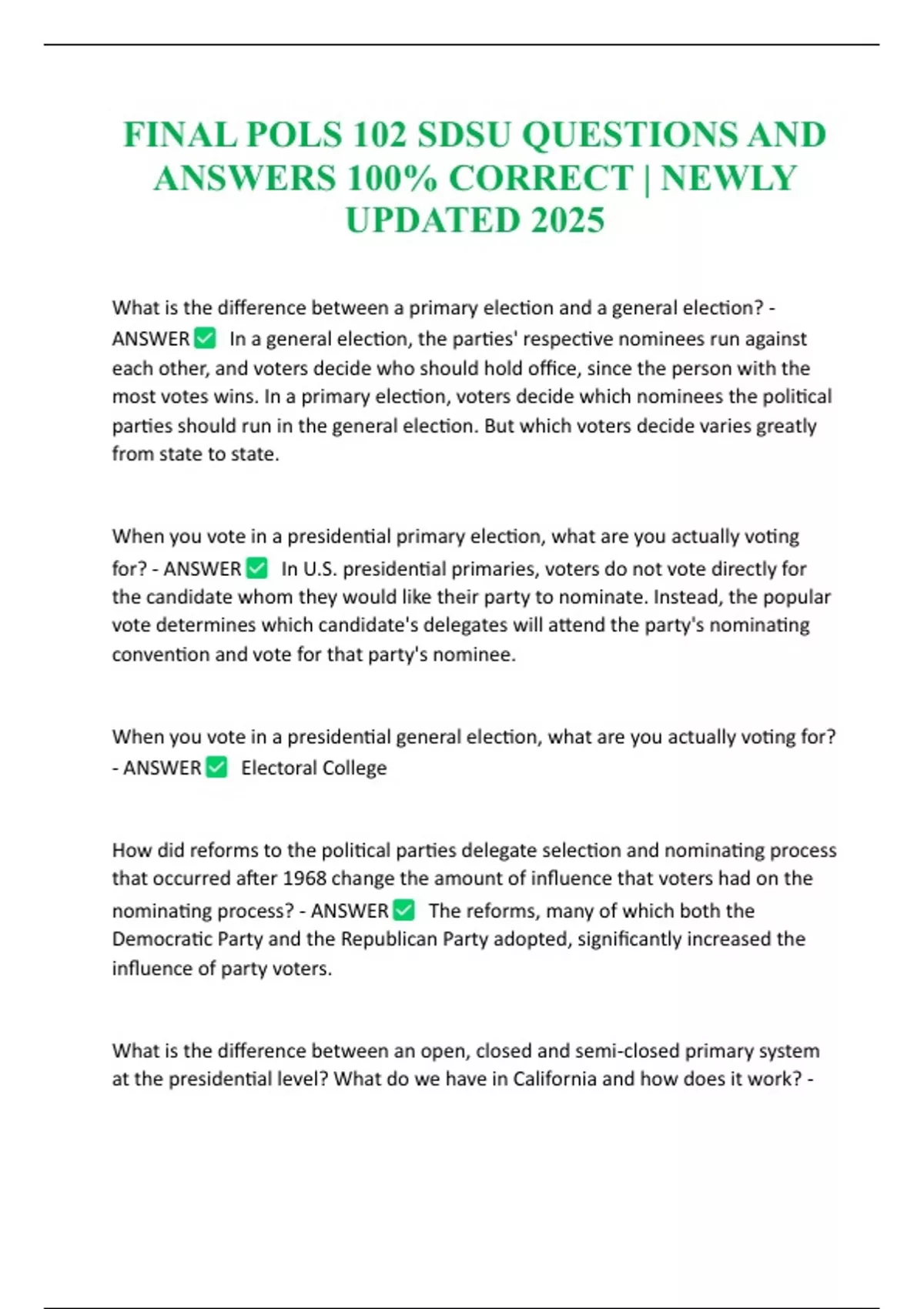 FINAL POLS 102 SDSU QUESTIONS AND ANSWERS 100% CORRECT | NEWLY UPDATED 2025 - Pols 102 - Stuvia US
