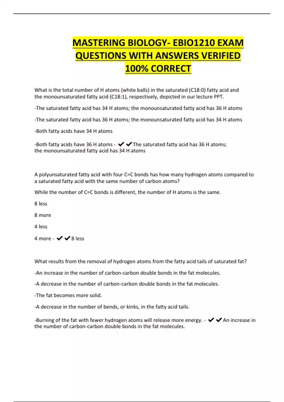 MASTERING BIOLOGY- EBIO1210 EXAM QUESTIONS WITH ANSWERS VERIFIED 100% ...