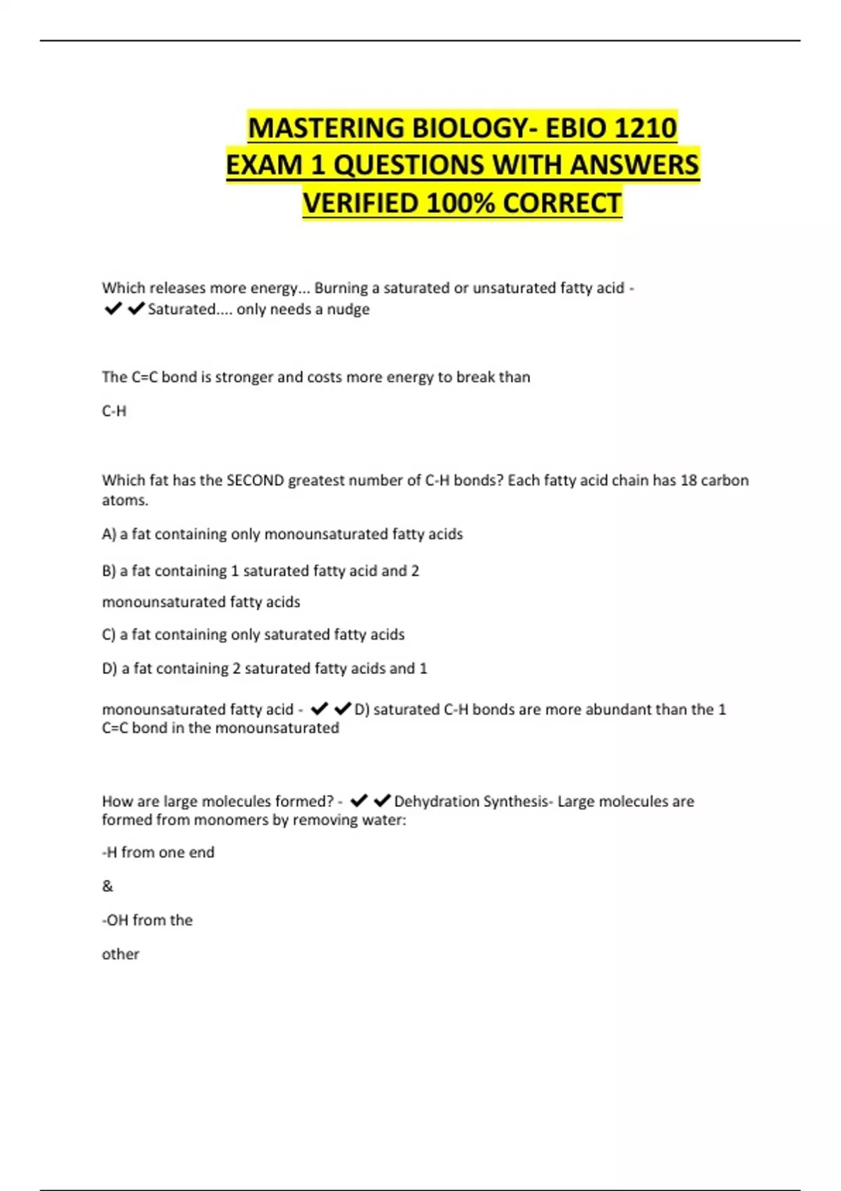 MASTERING BIOLOGY- EBIO 1210 EXAM 1 QUESTIONS WITH ANSWERS VERIFIED 100 ...