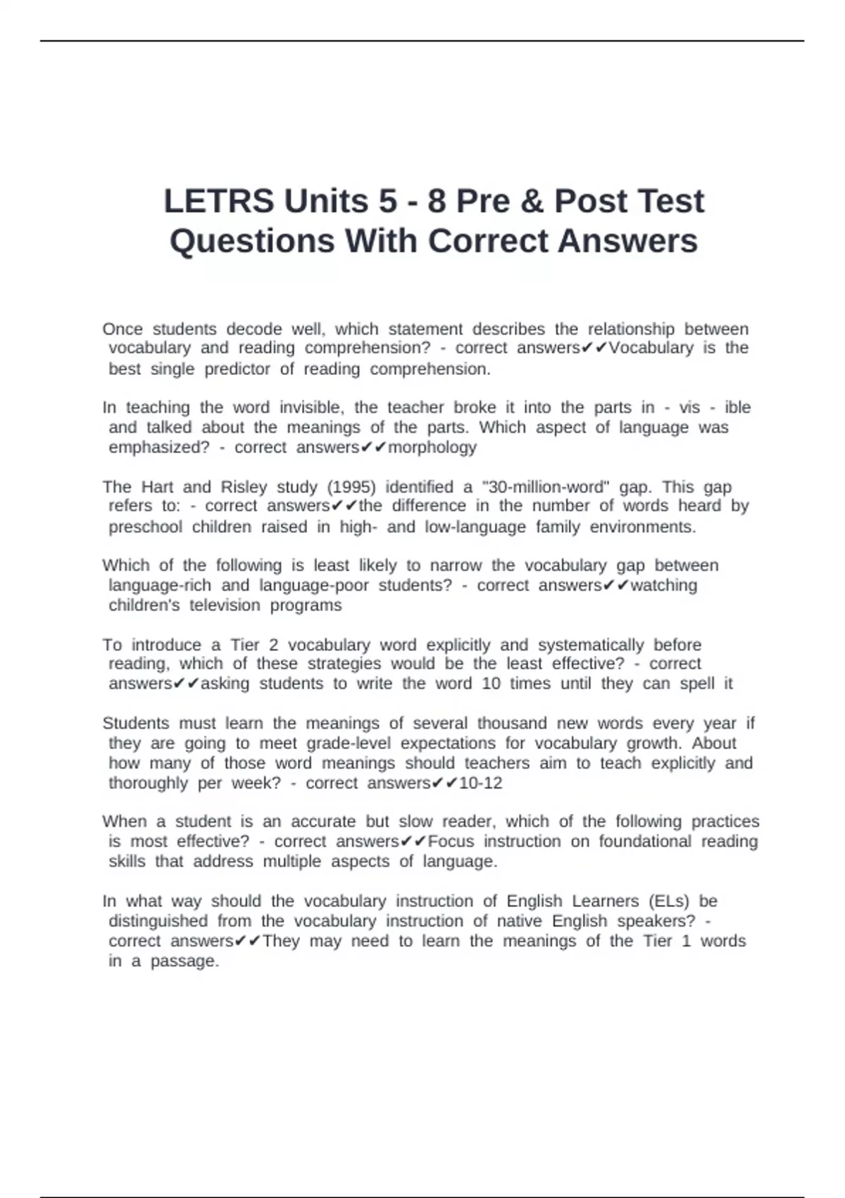 LETRS Units 5 - 8 Pre & Post Test Questions With Correct Answers ...