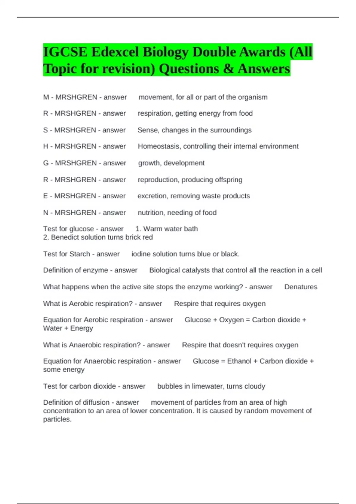 IGCSE Edexcel Biology Double Awards (All Topic for revision) Questions ...