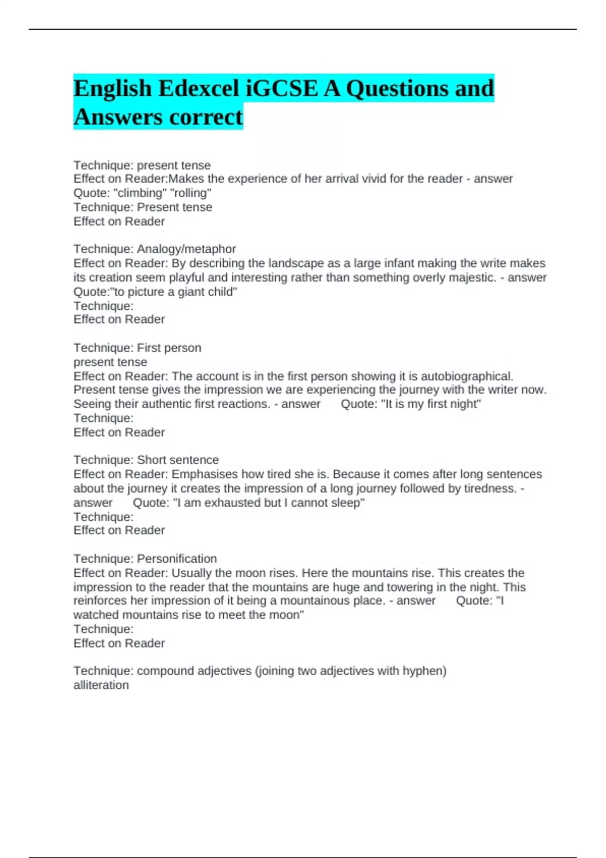 English Edexcel iGCSE A Questions and Answers correct - EDEXCEL - Stuvia US