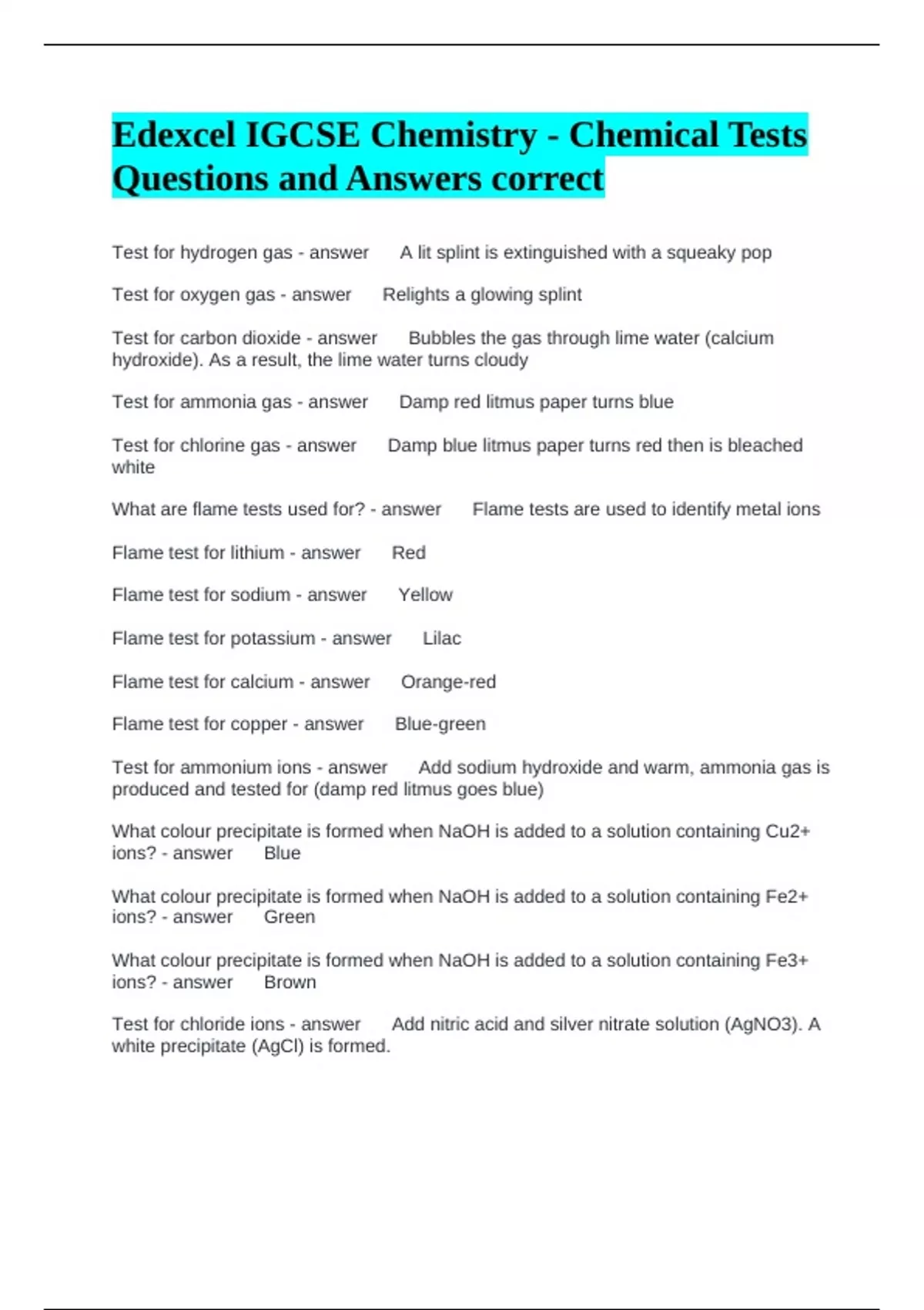 Edexcel IGCSE Chemistry - Chemical Tests Questions and Answers correct ...