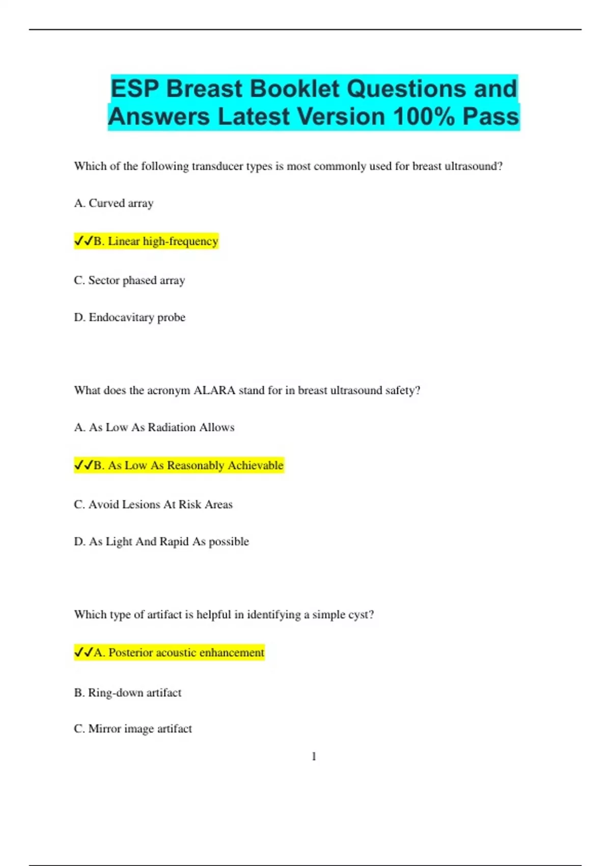 ESP Breast Booklet Questions and Answers Latest Version 100% Pass - ESP ...