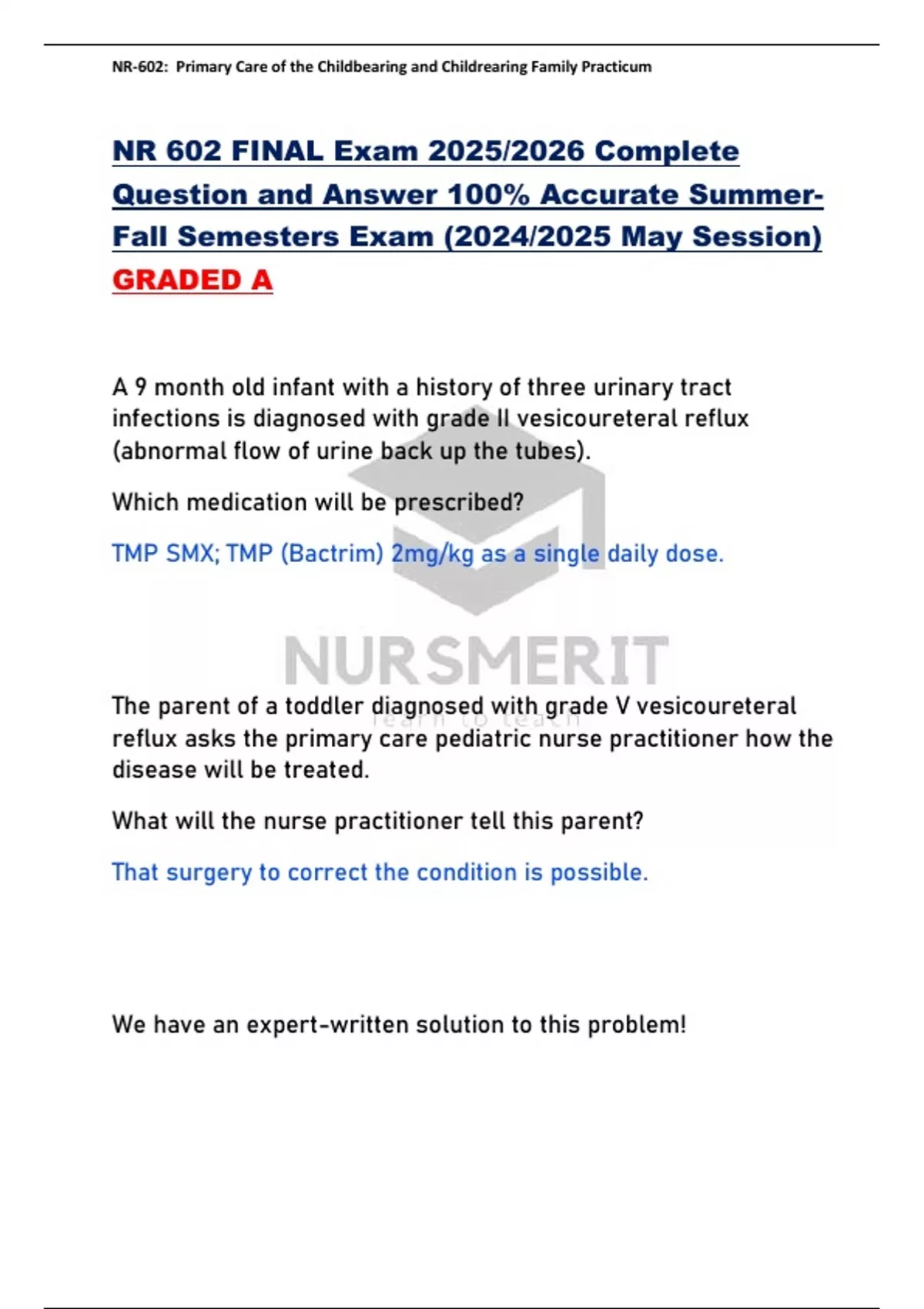 NR 602 FINAL Exam 2025/2026 Complete Question and Answer 100% Accurate Summer Fall Semesters ...