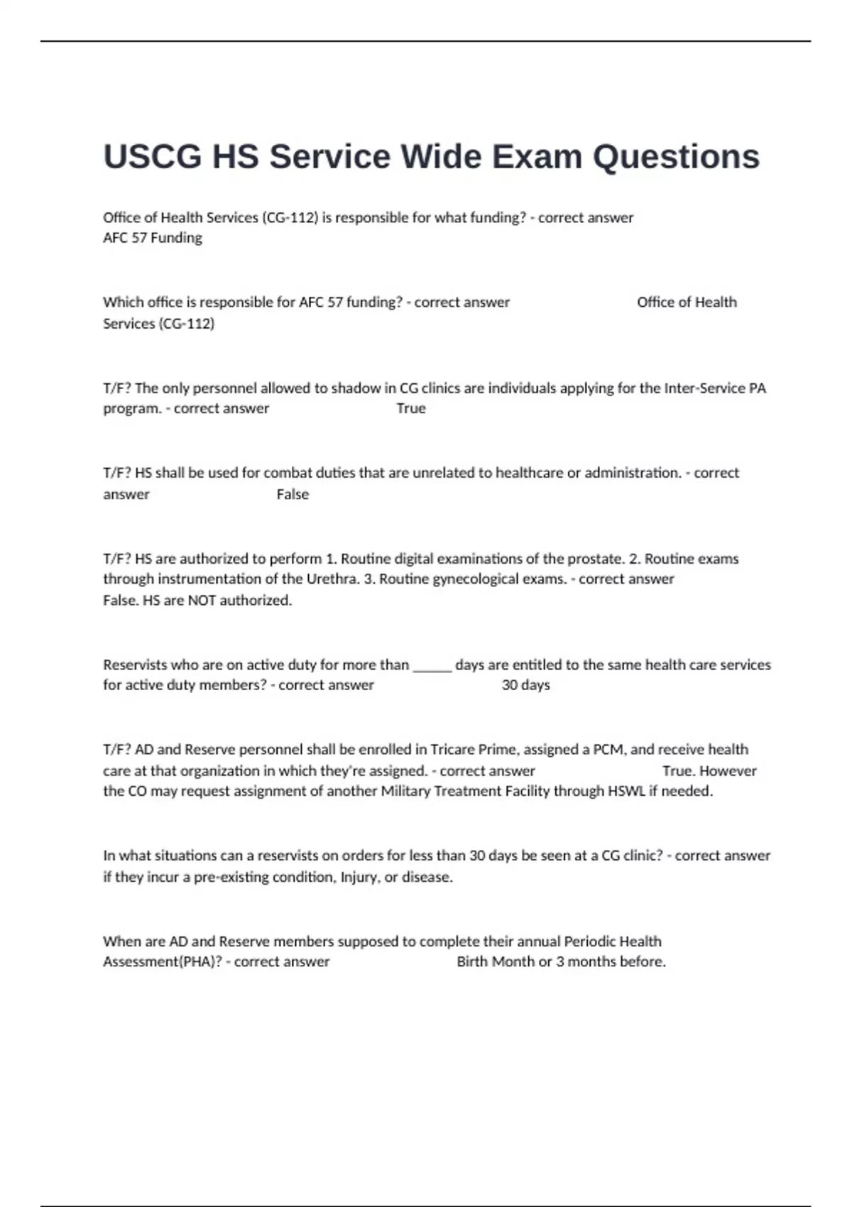 USCG HS Service Wide Exam Questions With 100% Verified Answers. - USCG ...