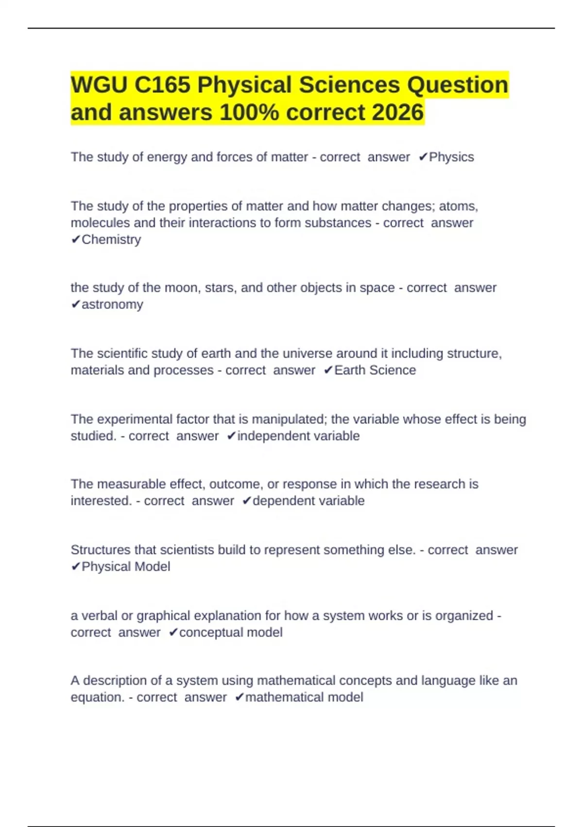 WGU C165 Physical Sciences Question and answers 100% correct 2025 - WGU ...