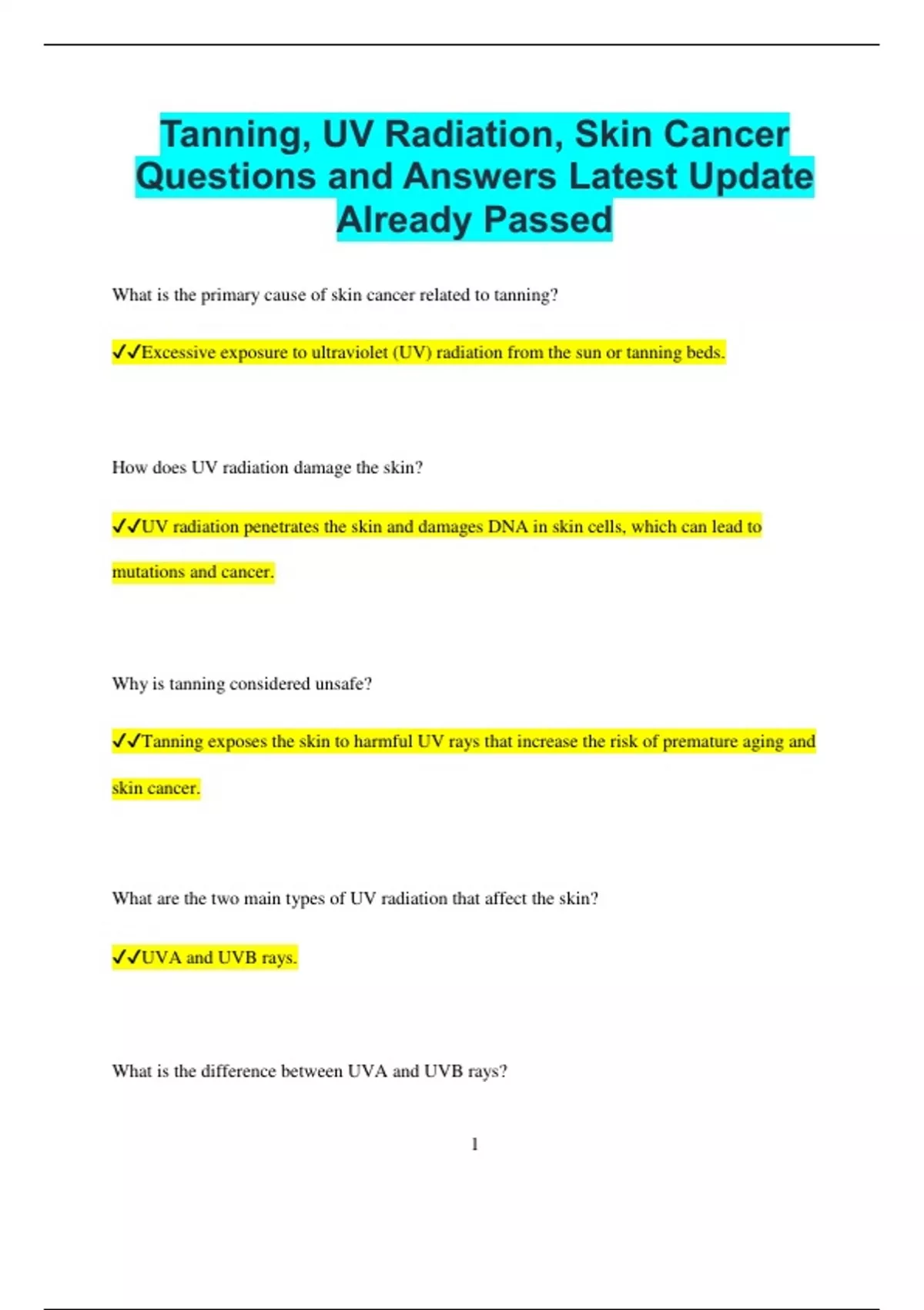 Tanning, UV Radiation, Skin Cancer Questions and Answers Latest Update ...