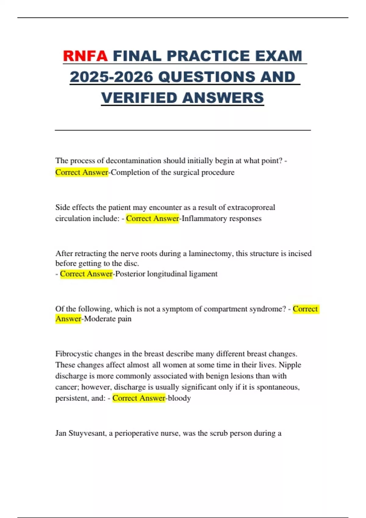RNFA Final Practice Exam Questions and Verified Answers - RNFA - Stuvia US