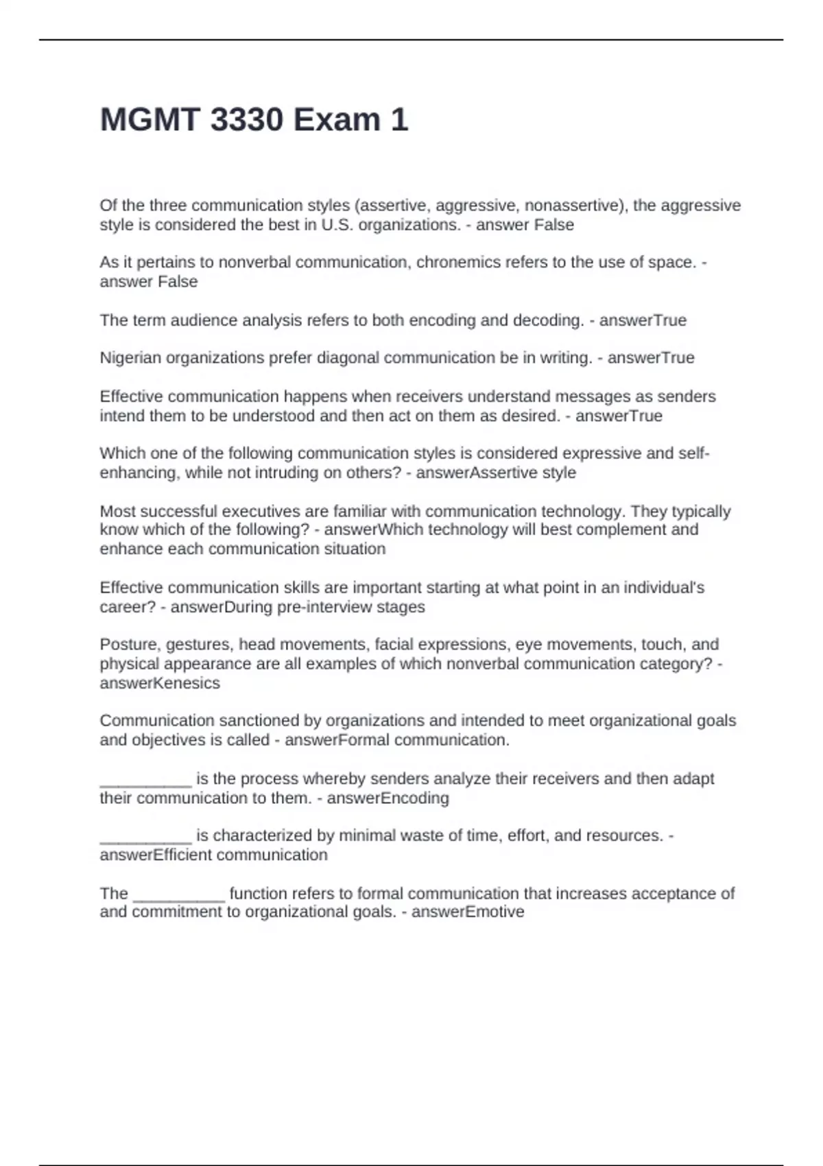 MGMT 3330 Exam 1 Questions and Answers 100% Correct - MGMT 3330 - Stuvia US