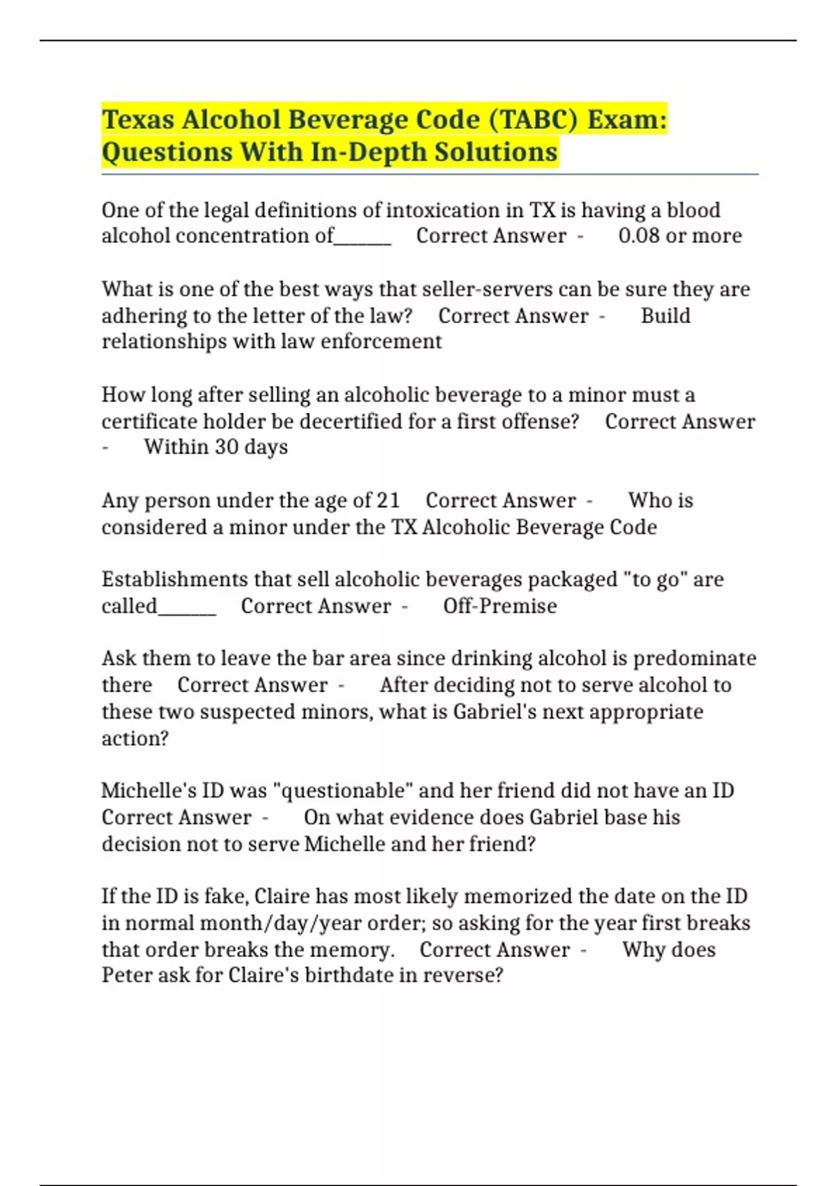 Texas Alcohol Beverage Code (TABC) Exam: Questions With In-Depth Solutions - TABC - Stuvia US