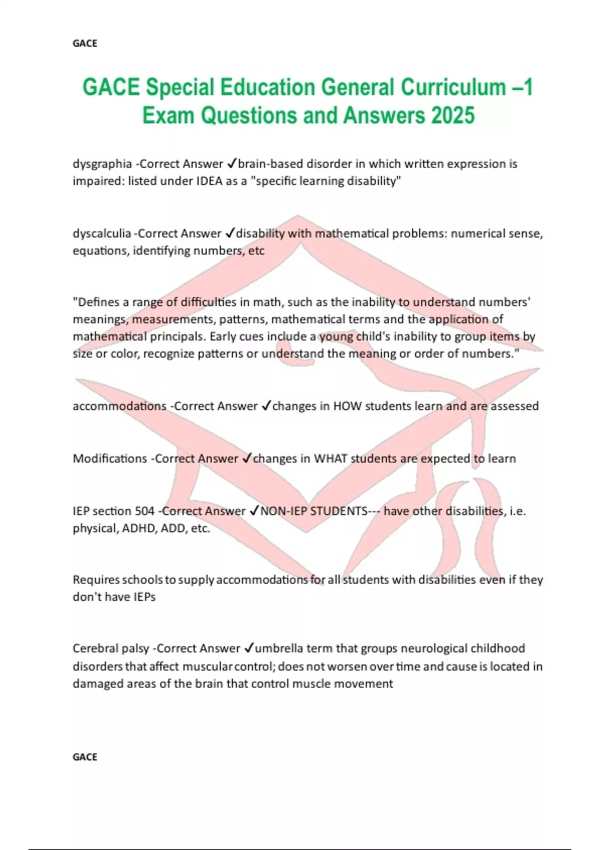GACE Special Education General Curriculum –1 Exam Questions and Answers ...