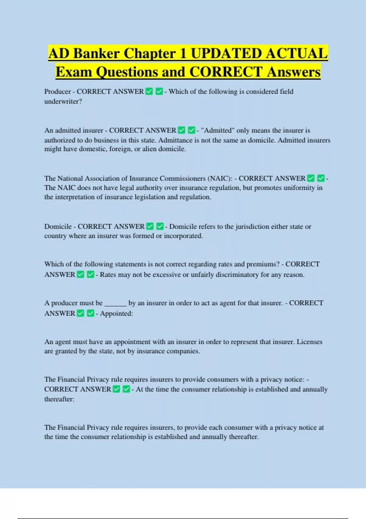 AD Banker Bundled Exam Questions WITH CORRECT Answers - Stuvia US
