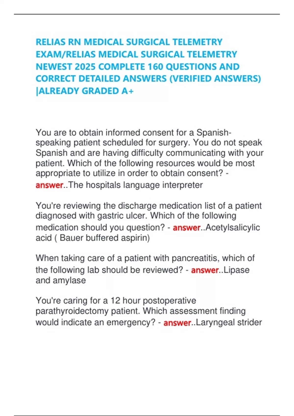 RELIAS RN MEDICAL SURGICAL TELEMETRY EXAM/RELIAS MEDICAL SURGICAL ...