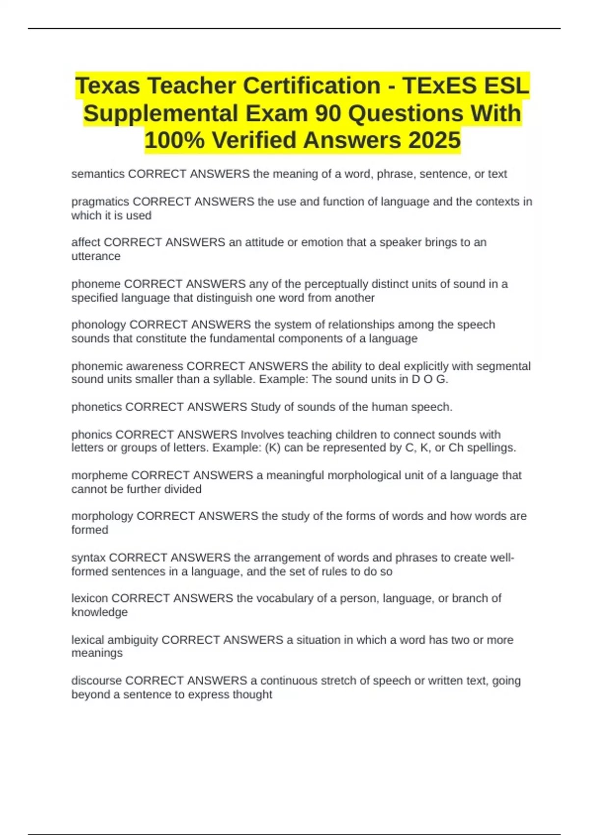 Texas Teacher Certification - TExES ESL Supplemental Exam 90 Questions With 100% Verified ...