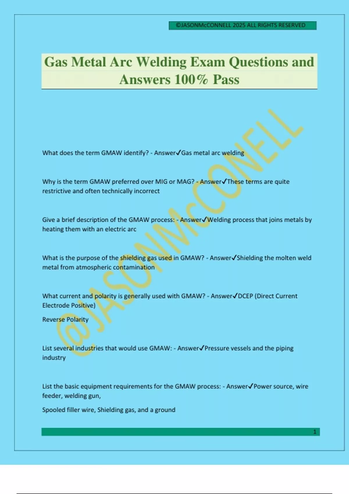 Gas Metal Arc Welding Exam Questions and Answers 100% Pass - Gas Metal ...