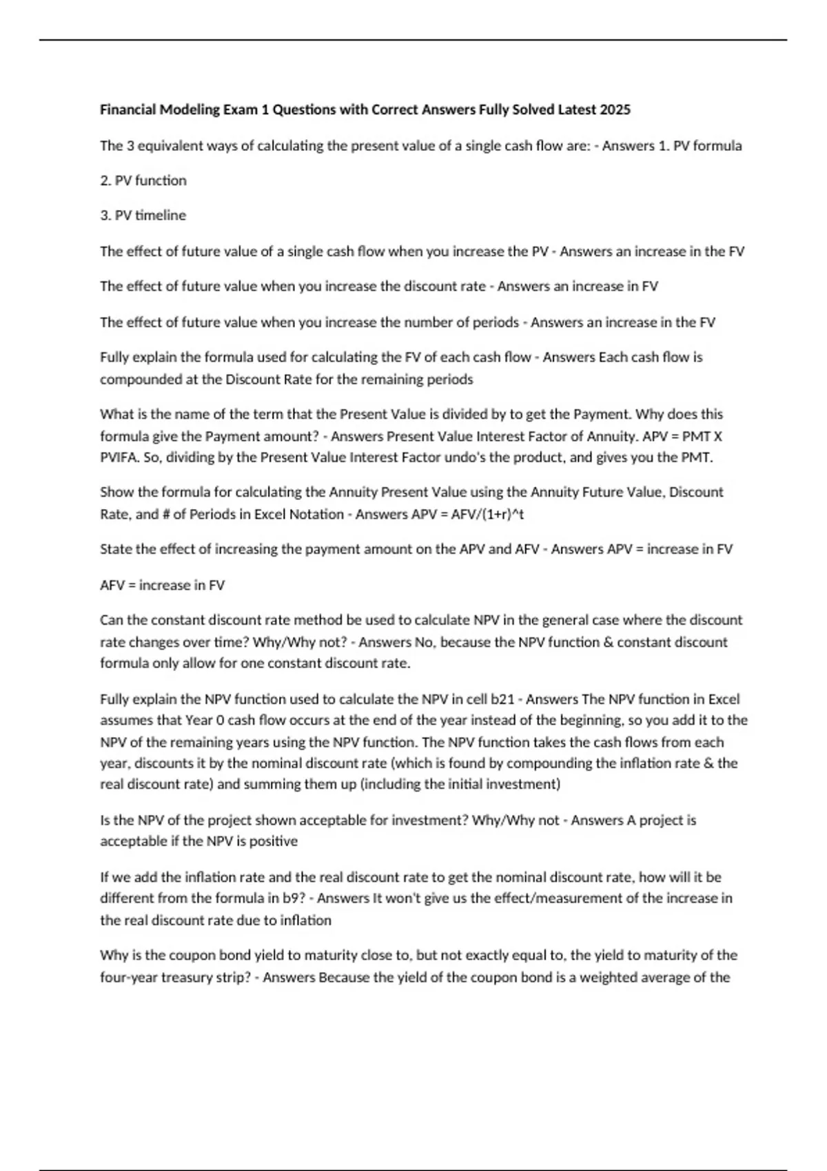 Financial Modeling Exam 1 Questions with Correct Answers Fully Solved ...