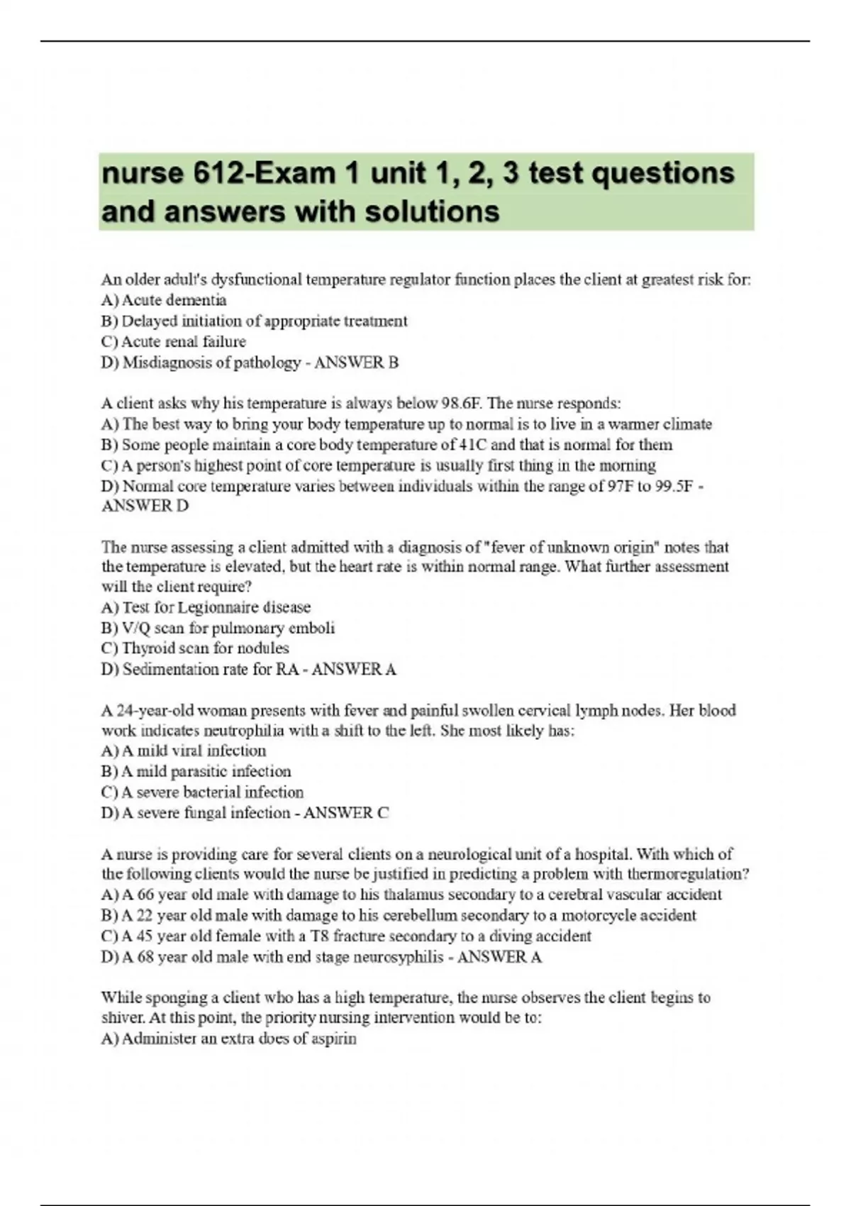 nurse 612-Exam 1 unit 1, 2, 3 test questions and answers with solutions ...