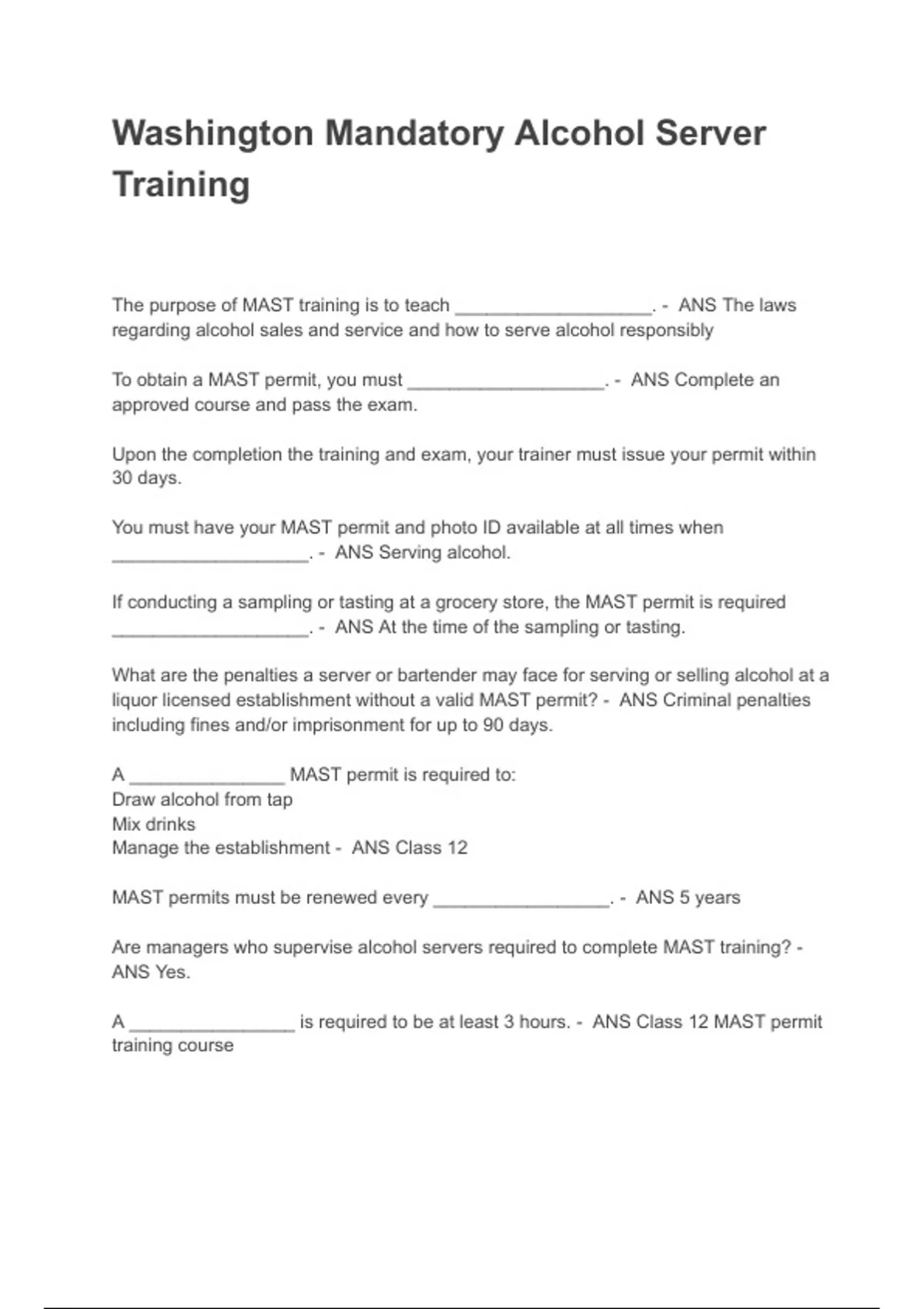 Washington MAST Permit Training – Complete Alcohol Server Exam Guide ...