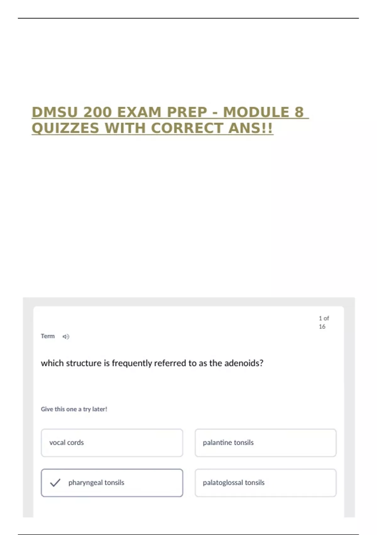 DMSU 200 EXAM PREP - MODULE 8 QUIZZES WITH CORRECT ANS!! - DMSU 200 - Stuvia US