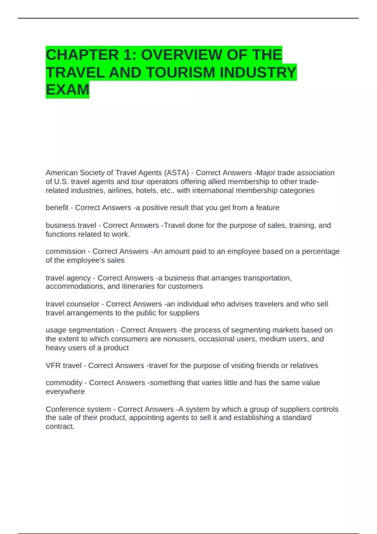 CHAPTER 1 OVERVIEW OF THE TRAVEL AND TOURISM INDUSTRY EXAM QUESTIONS ...