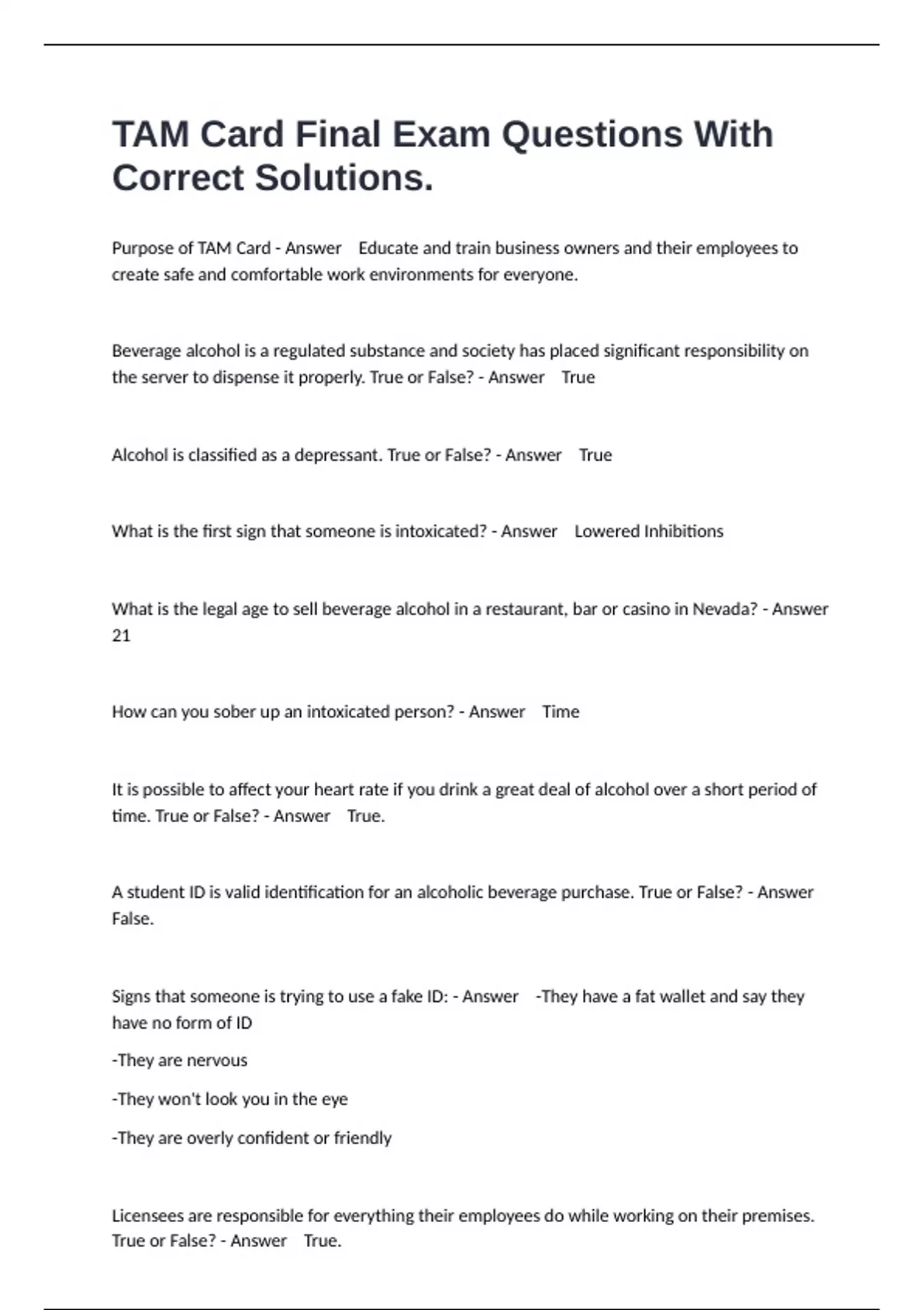 TAM Card Final Exam Questions With Correct Solutions. - Utah state ...