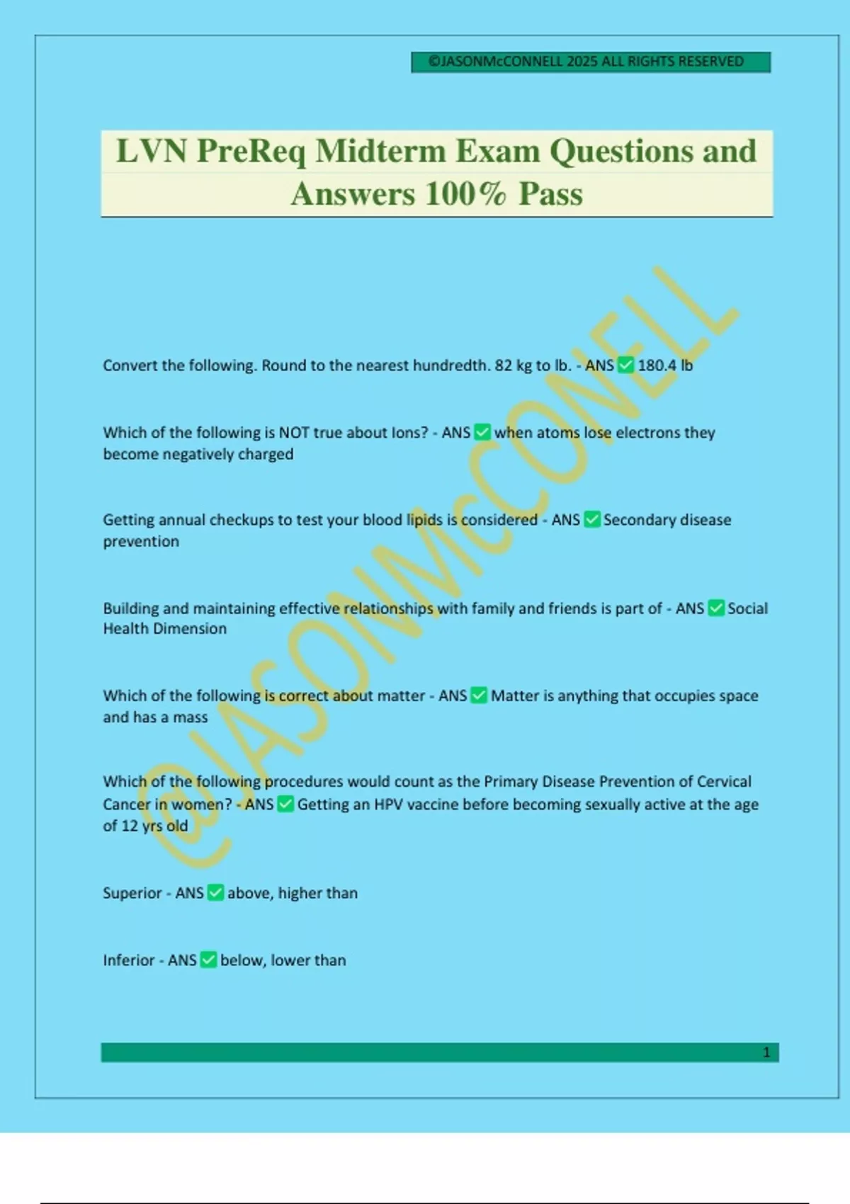 LVN PreReq Midterm Exam Questions and Answers 100% Pass - LVN - Stuvia US