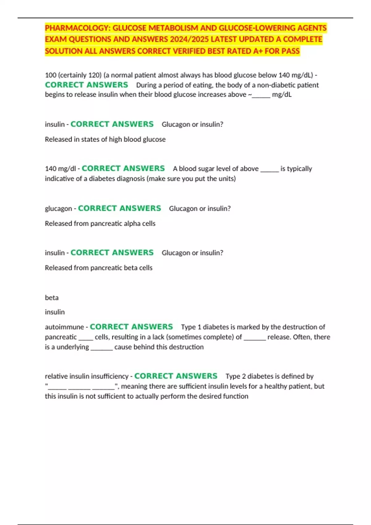 PHARMACOLOGY: GLUCOSE METABOLISM AND GLUCOSE-LOWERING AGENTS EXAM QUESTIONS AND ANSWERS 2024/ ...