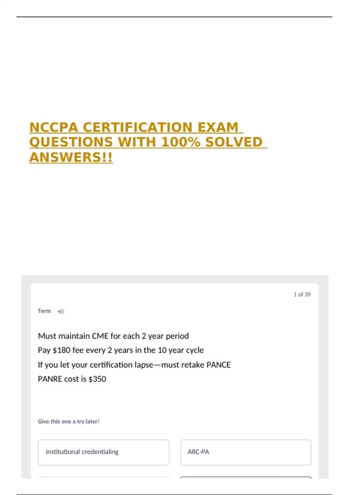 NCCPA CERTIFICATION EXAM QUESTIONS WITH 100% SOLVED ANSWERS!! - NCCPA ...