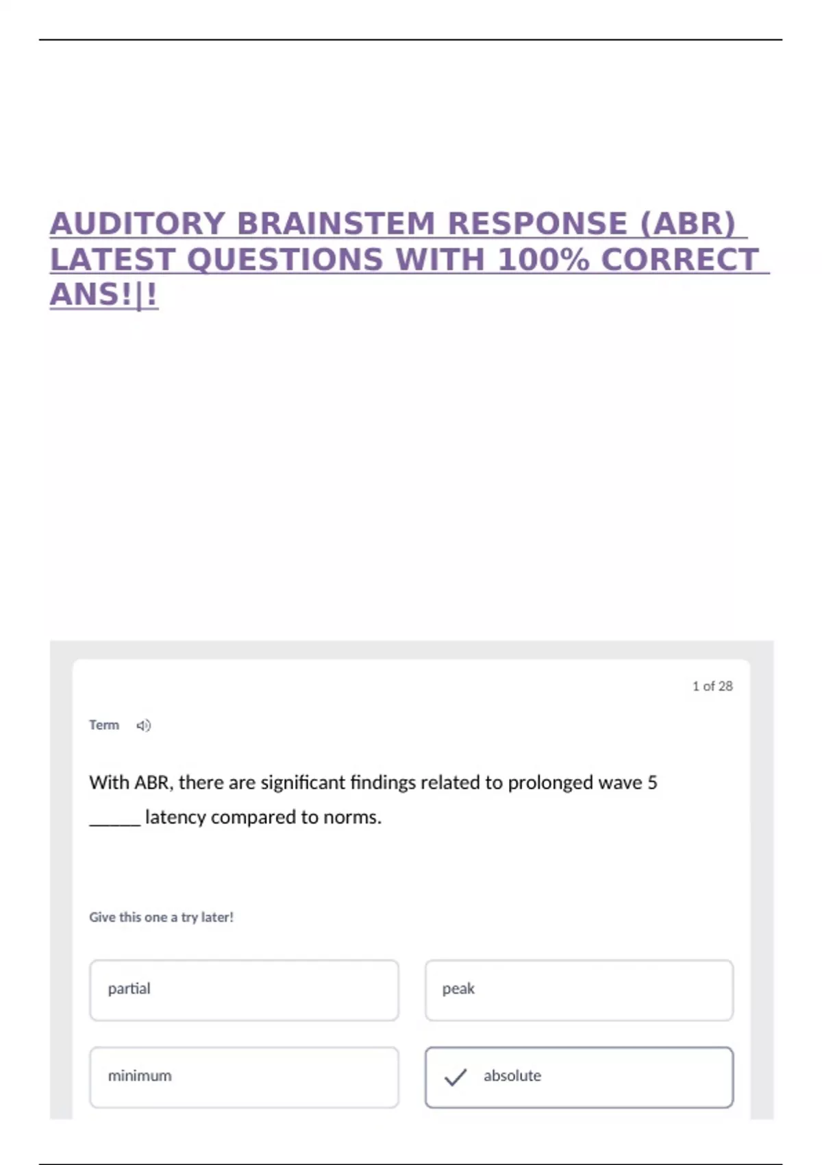 AUDITORY BRAINSTEM RESPONSE (ABR) LATEST QUESTIONS WITH 100% CORRECT ...