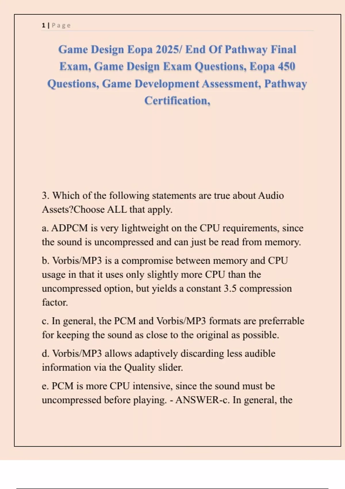 Game Design Eopa 2025/ End Of Pathway Final Exam, Game Design Exam Questions, Eopa 450 Questions ...