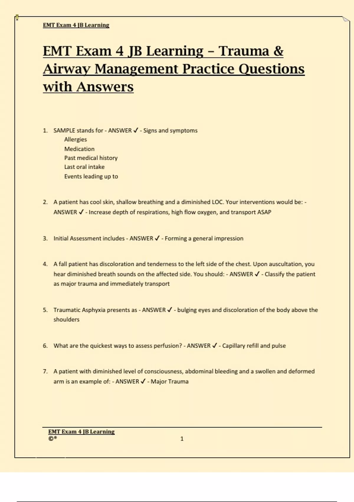 EMT Exam 4 JB Learning – Trauma & Airway Management Practice Questions with Answers - EMT JBL ...