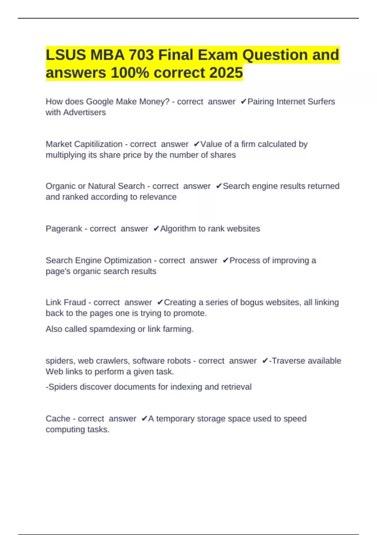 LSUS MBA 703 Final Exam Question and answers 100% correct 2025 - LSUS ...