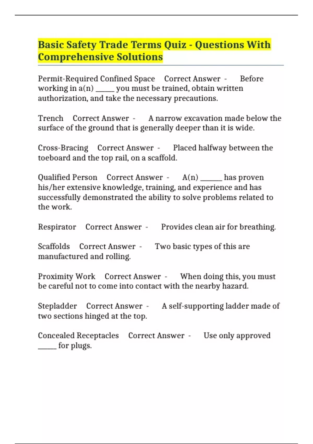 Basic Safety Trade Terms Quiz - Questions With Comprehensive Solutions ...