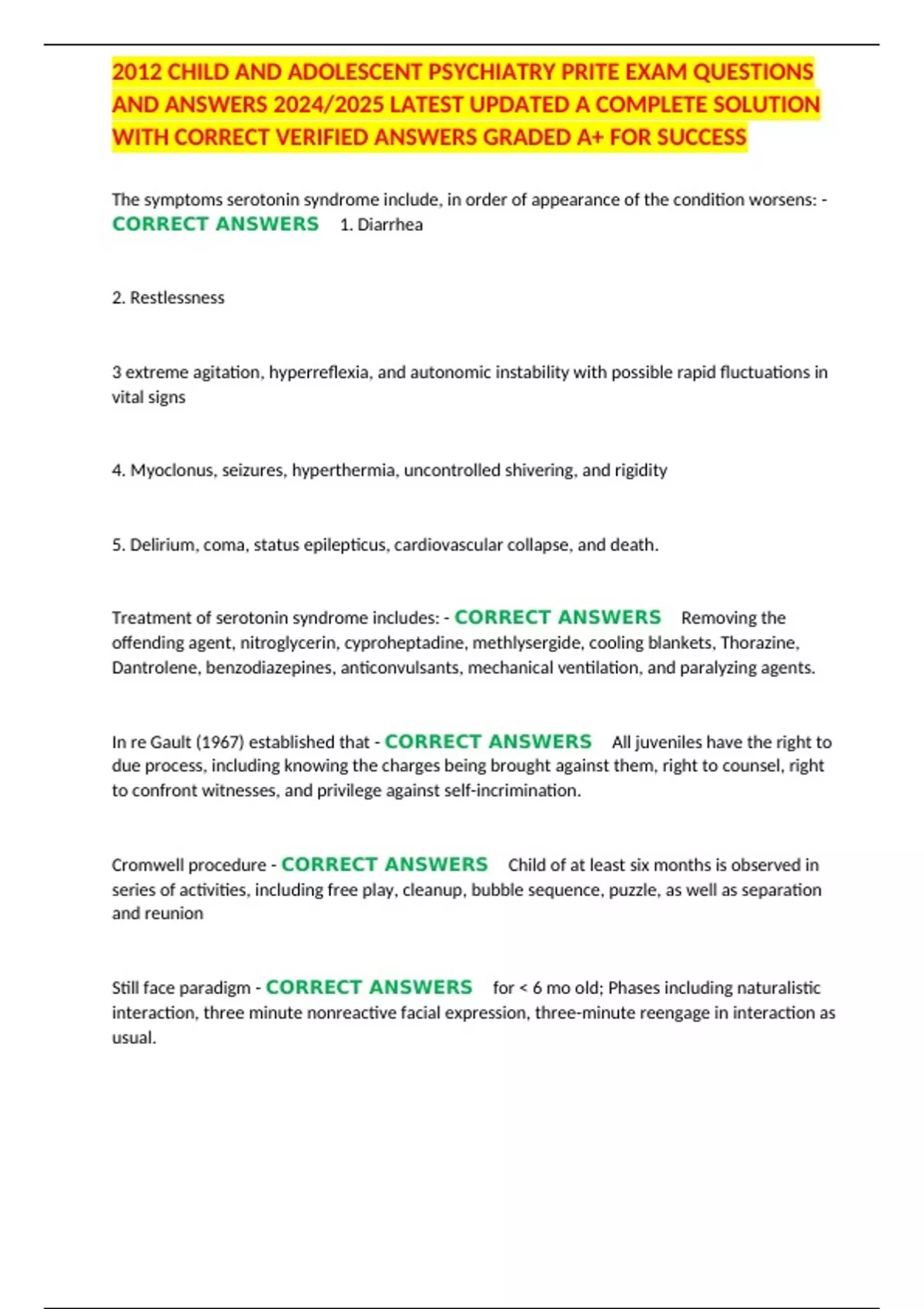 2012 CHILD AND ADOLESCENT PSYCHIATRY PRITE EXAM QUESTIONS AND ANSWERS ...