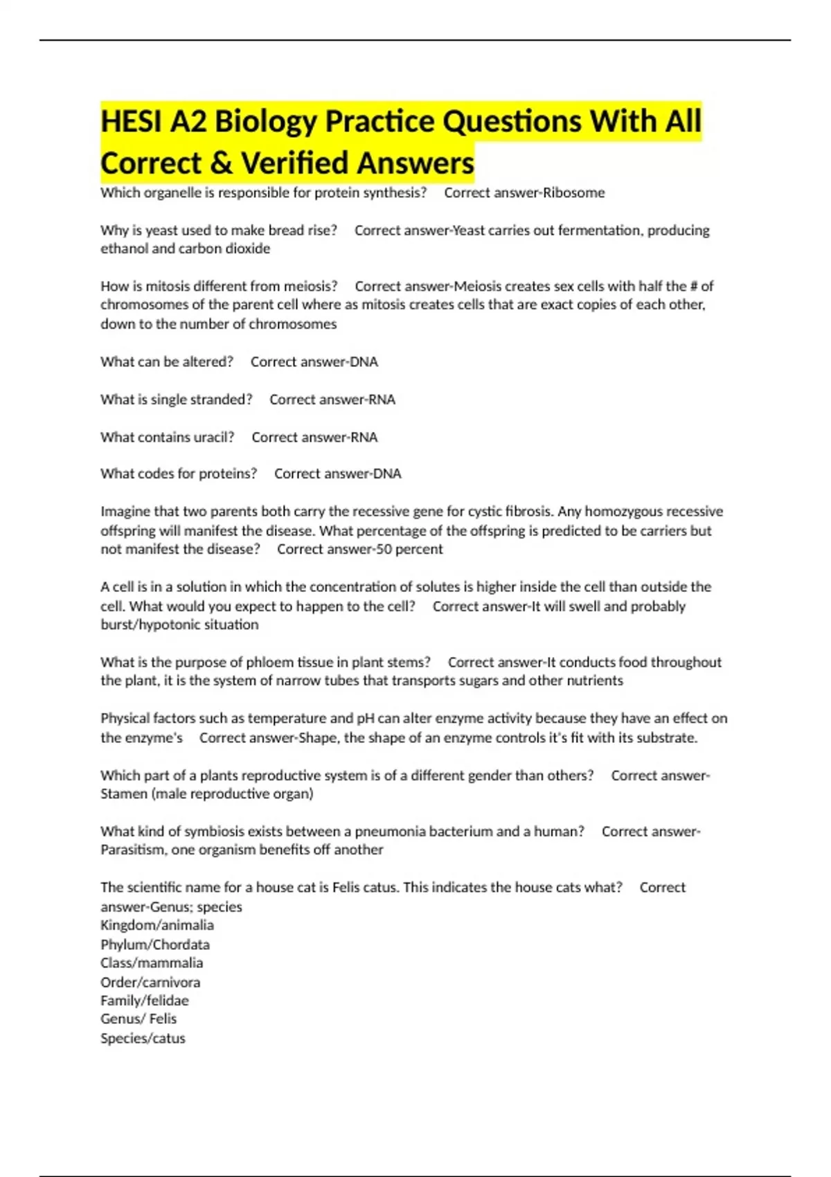 HESI A2 Biology Practice Questions With All Correct & Verified Answers ...