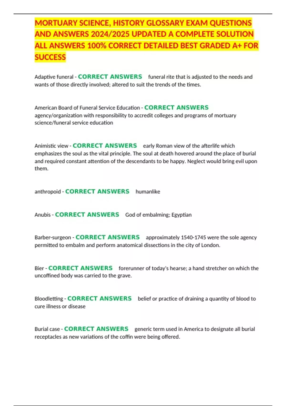 MORTUARY SCIENCE, HISTORY GLOSSARY EXAM QUESTIONS AND ANSWERS 2024/2025 ...